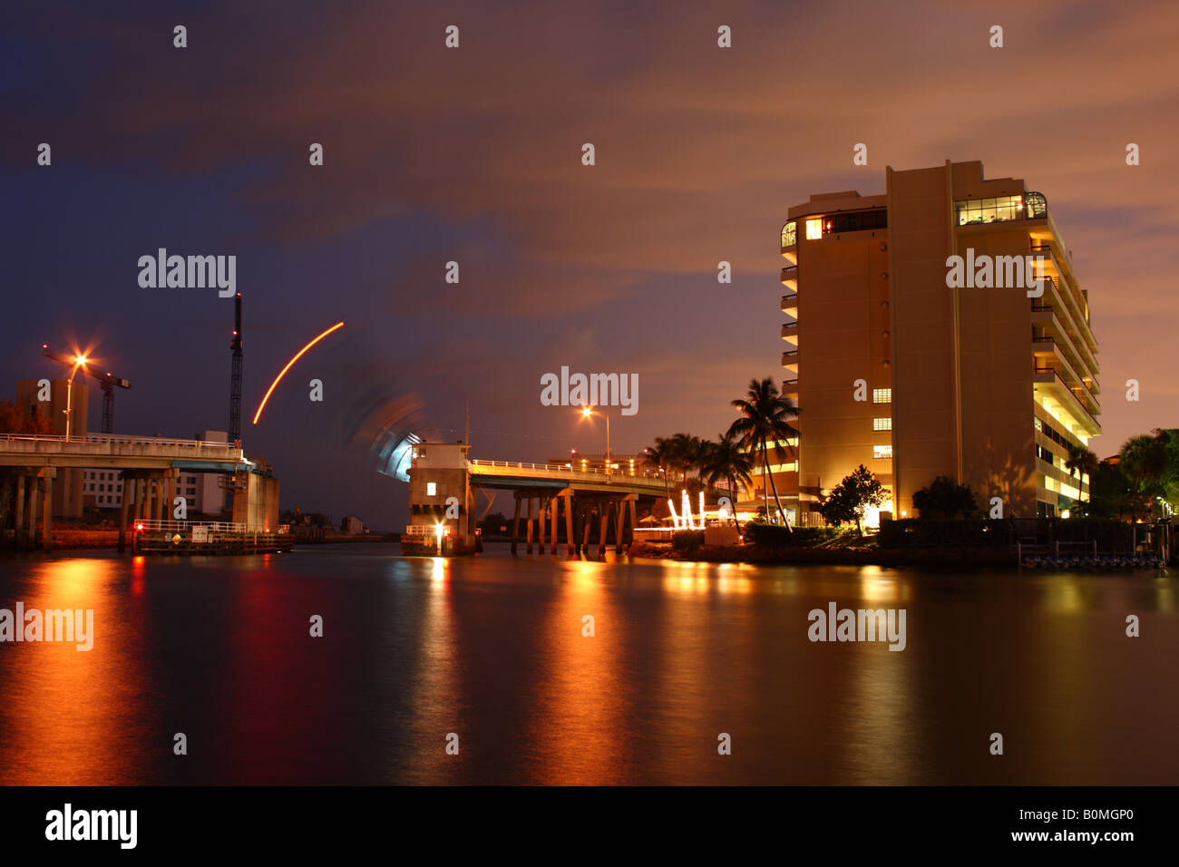 Drawbridge (bascule) opens at night at the Boca Raton Inlet, Boca Raton ...