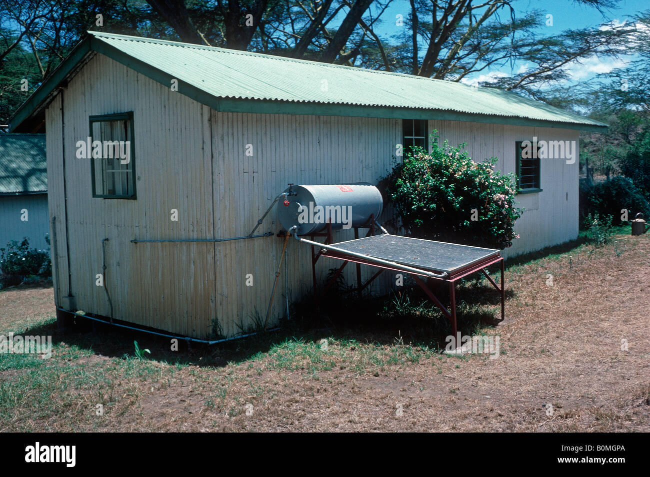 Solar thermal hot water system outside African house Elsamere Kenya ...