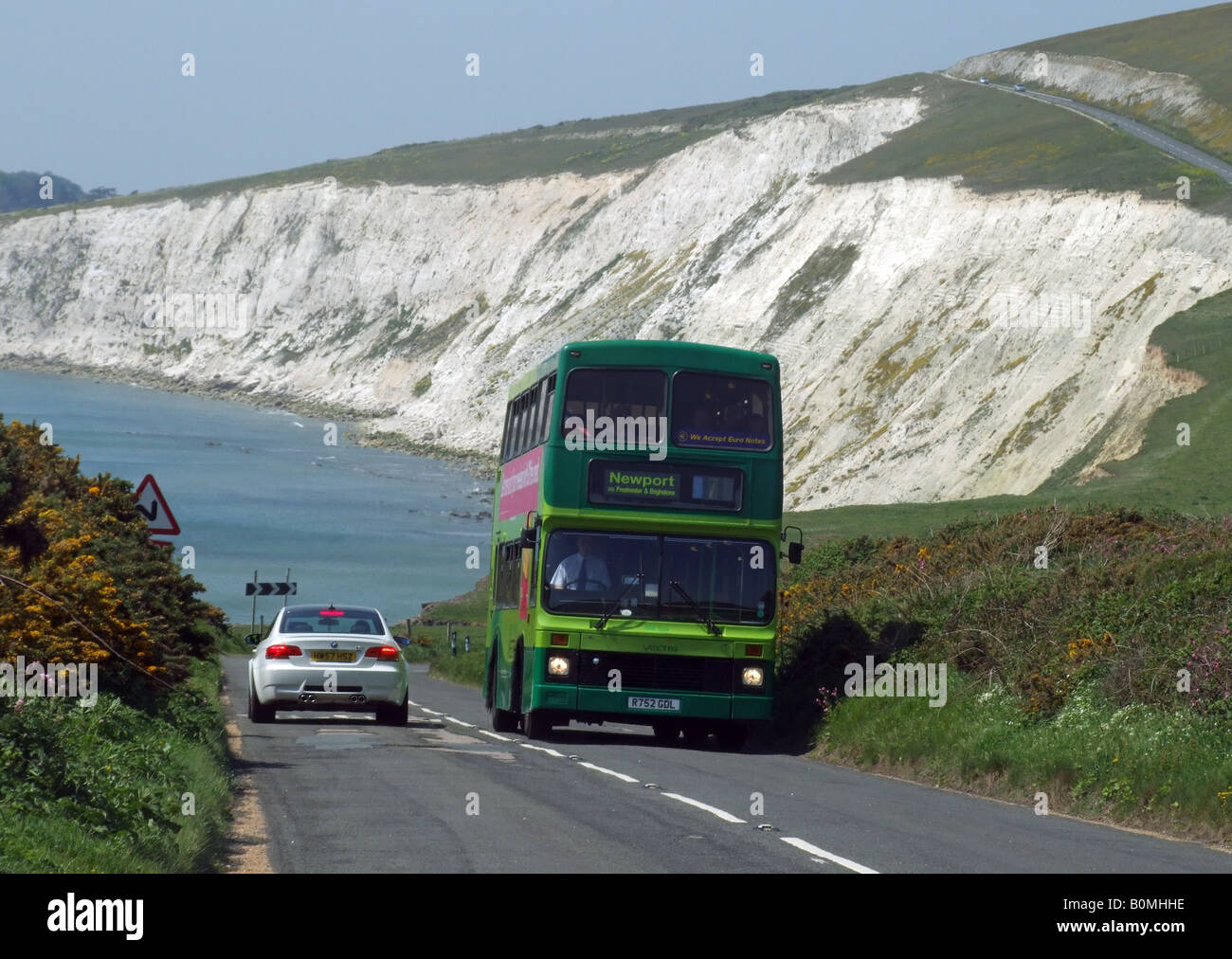 Freshwater Bay Isle of Wight England a Southern Vectis Bus enroute along coastal road Stock ...