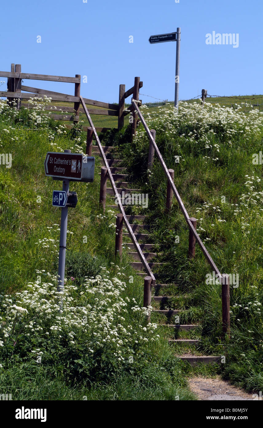 Coastal Footpath on a flight of wooden stairs at Chale Isle of Wight ...