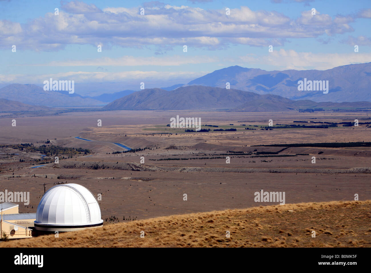 Lake Tekapo canal and hydroelectric works from Mount John observatory ...