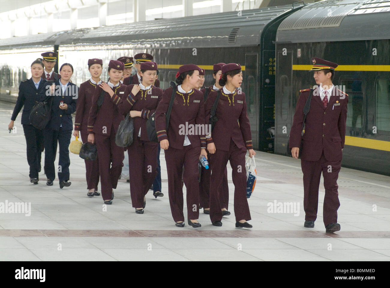 Train staff getting off the Lhasa- Beijing new railway link in Lhasa ...