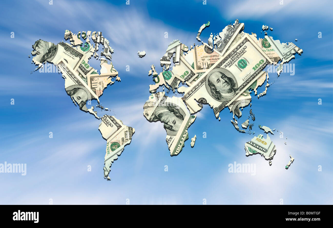 Raster illustration of the American dollar covering the world map Stock ...