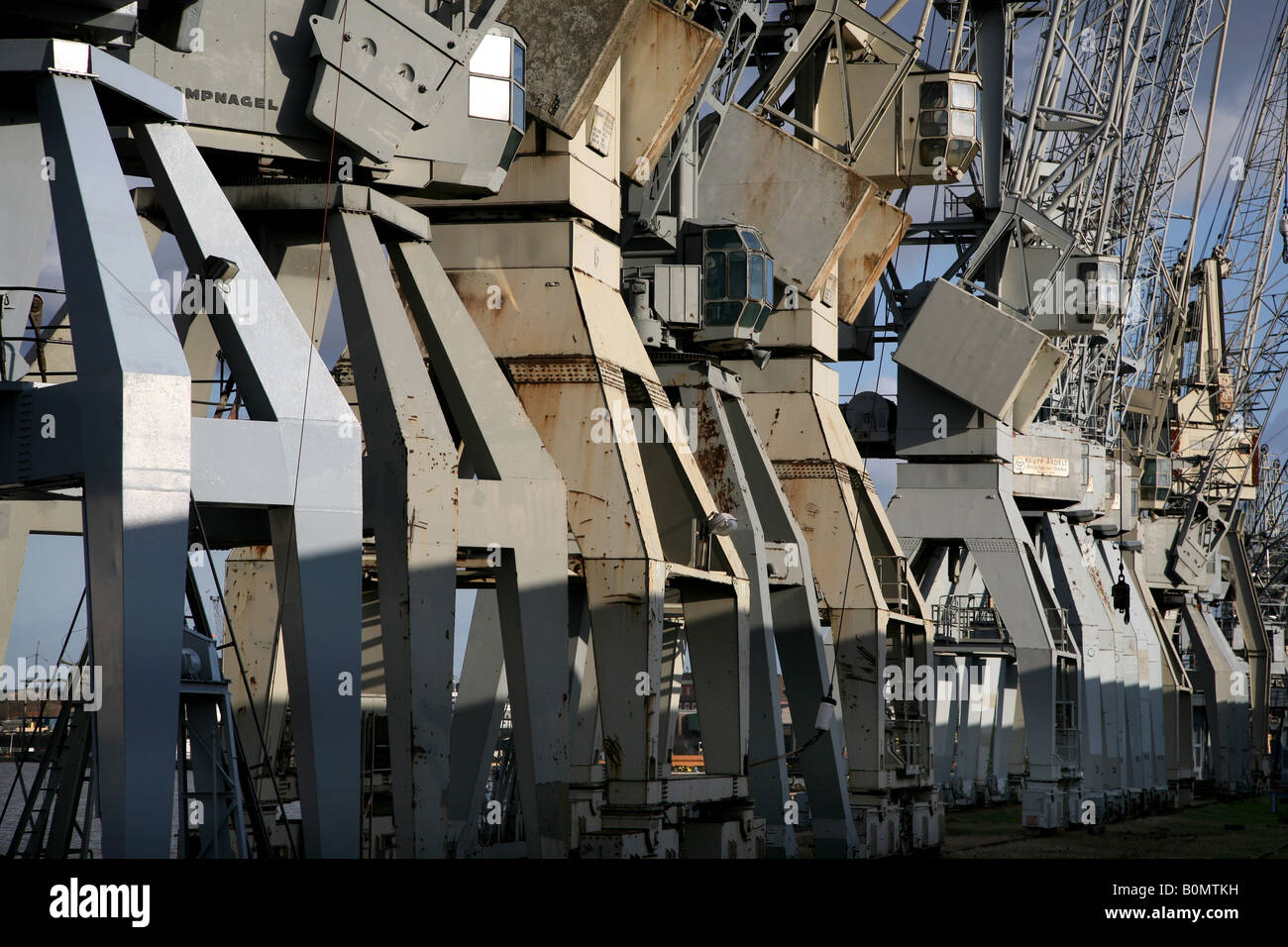 Historic cranes part of the Harbour Museum at Hansahafen in Hamburg ...