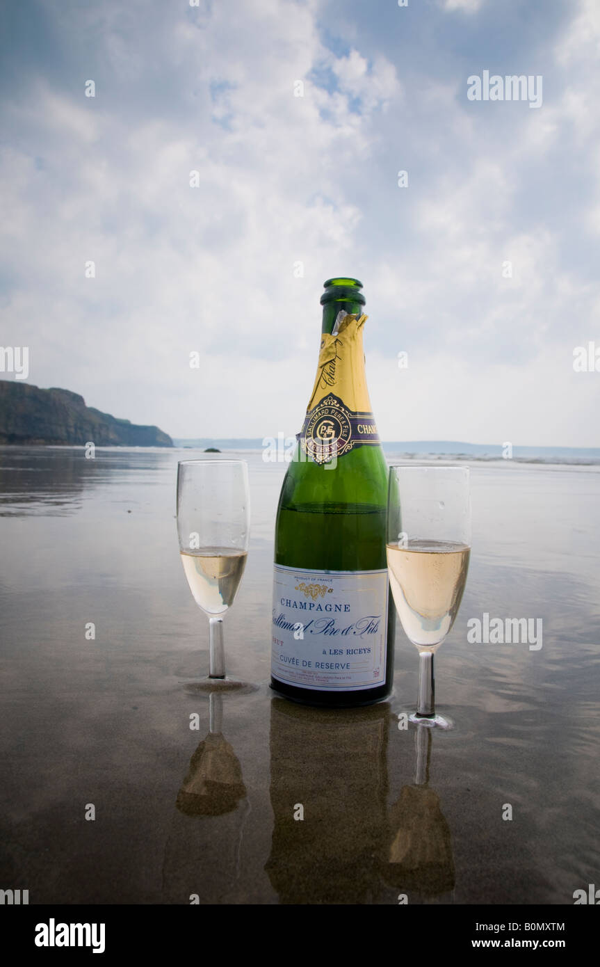 Champagne bottle and two glasses on the beach Druidston Haven ...
