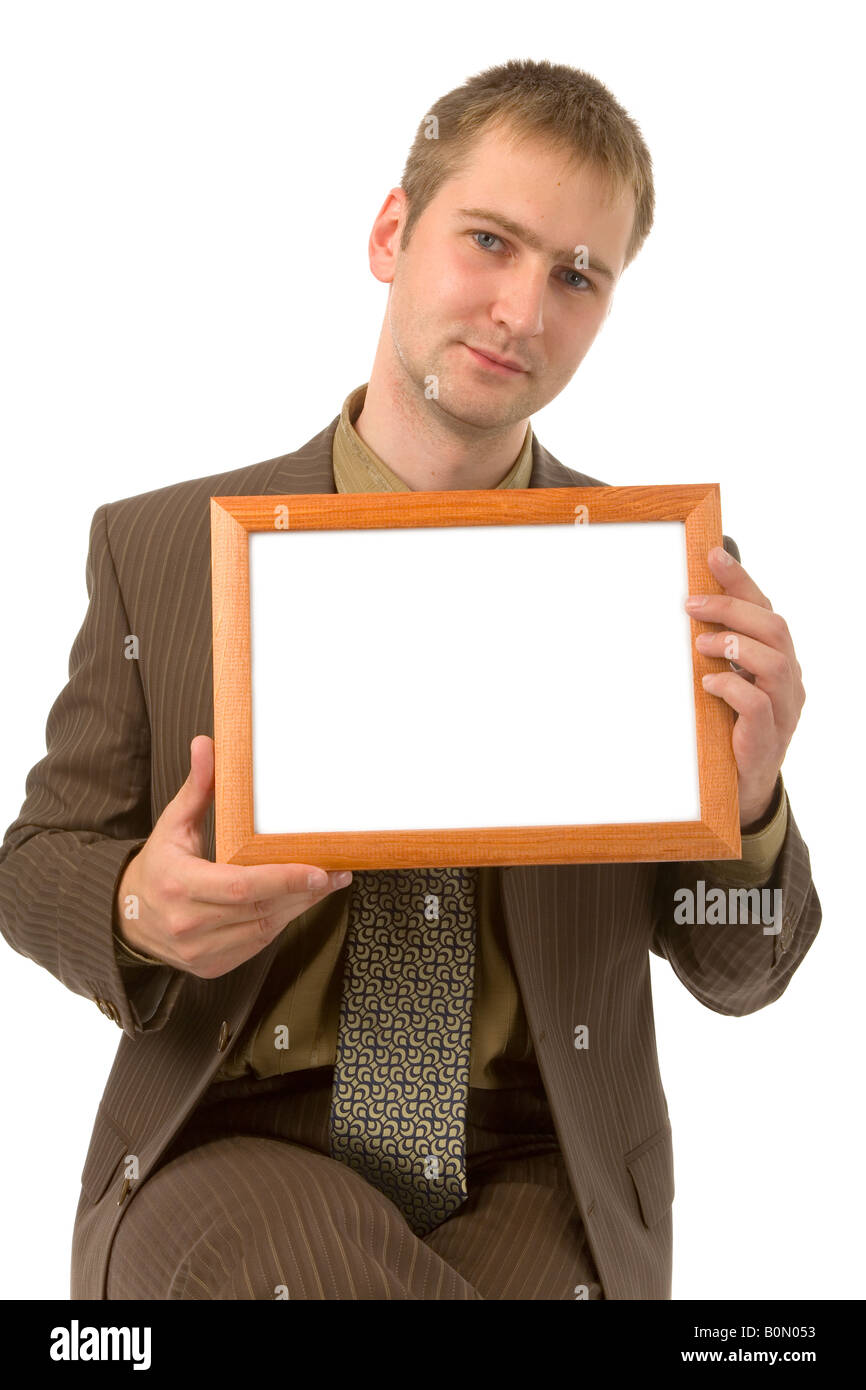 the young man with frame isolated on white background Stock Photo - Alamy
