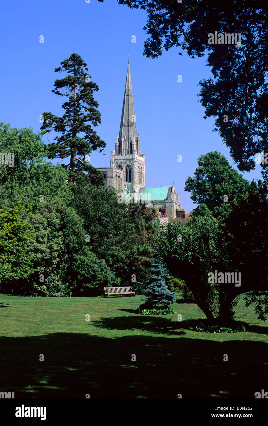 Chichester Cathedral with gardens in foreground, Chichester, Sussex ...