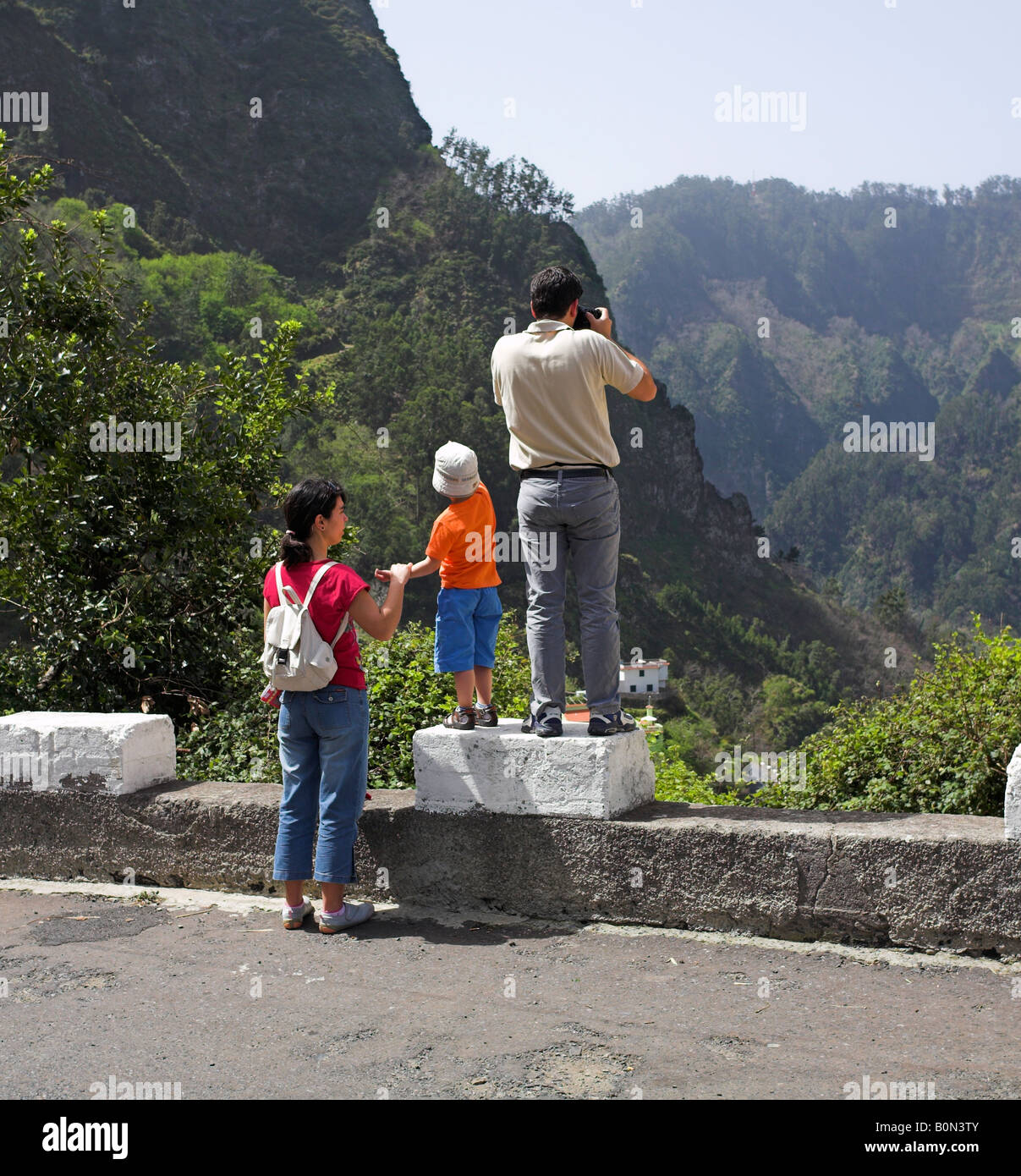Family viewing the mountain scenery on the island of Madeira Stock ...
