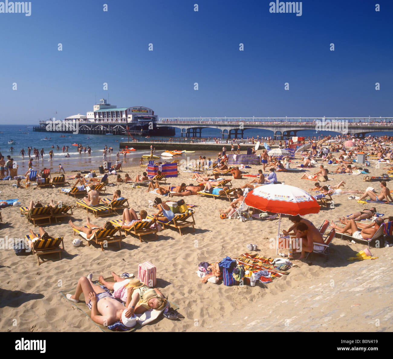 View of Bournemouth beach scene showing the pier Stock Photo - Alamy