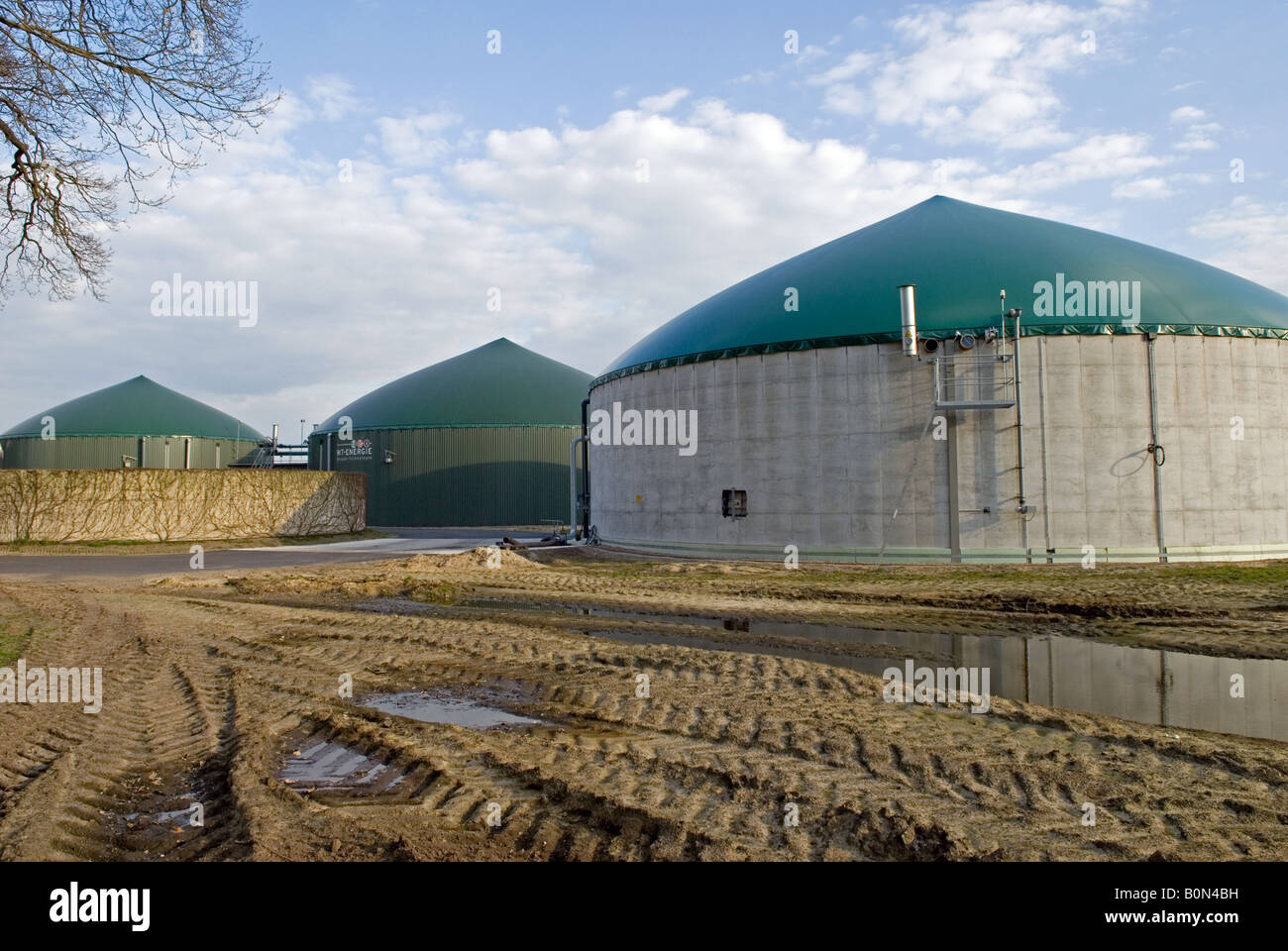 Biogas tanks on a farm producing electricity in the village of Strohen ...