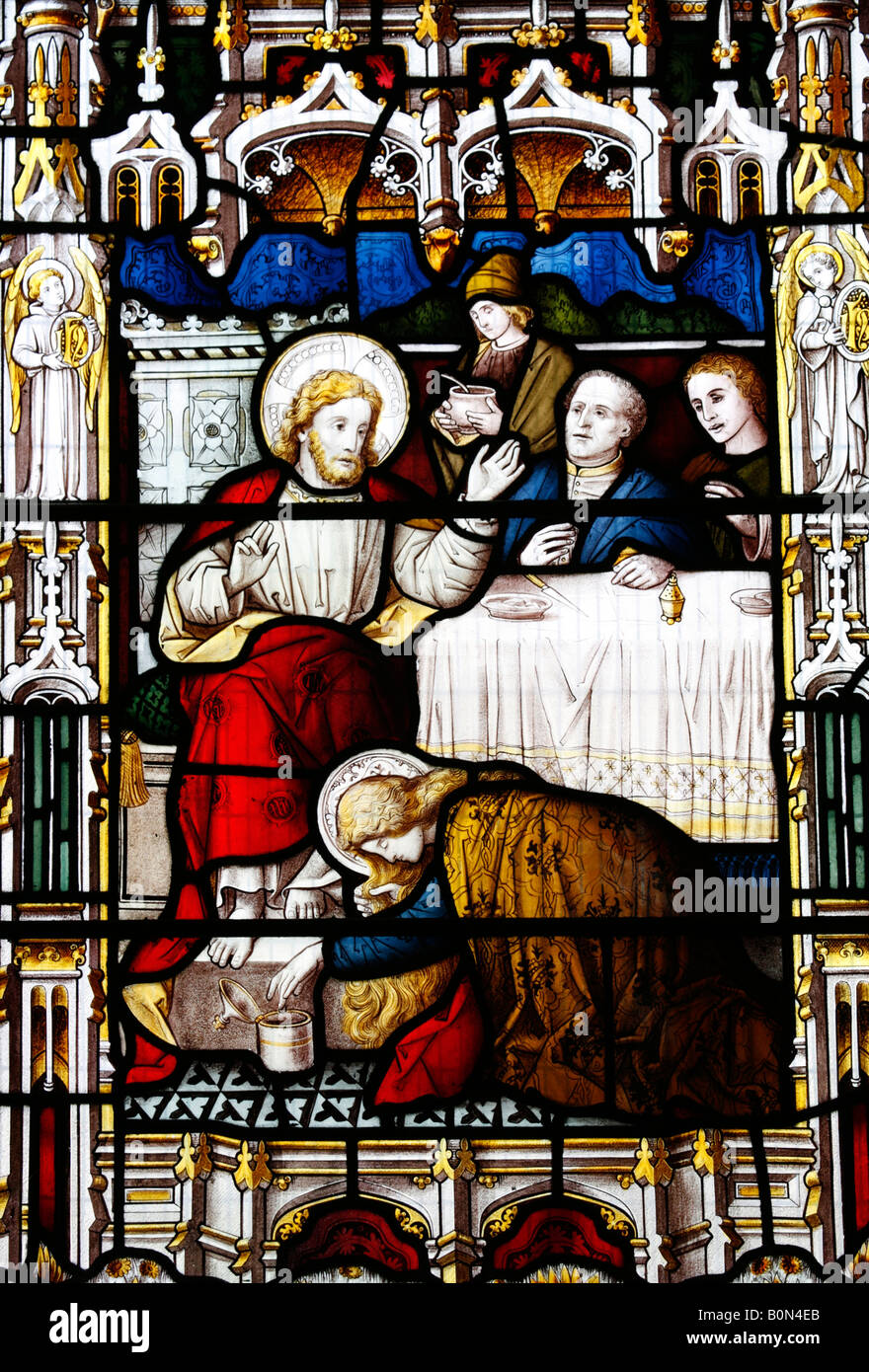 Stained glass window depicting Mary washing the feet of Jesus, Church ...