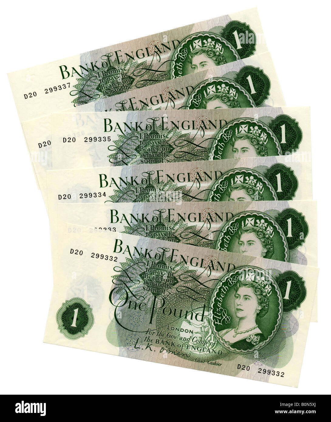 A 1960 Sequential Series of six Mint Bank of England One Pound Notes ...