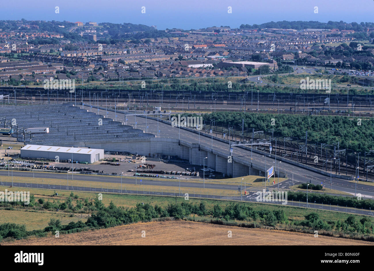 Channel Tunnel Rail terminal aerial view Folkestone Kent England UK ...