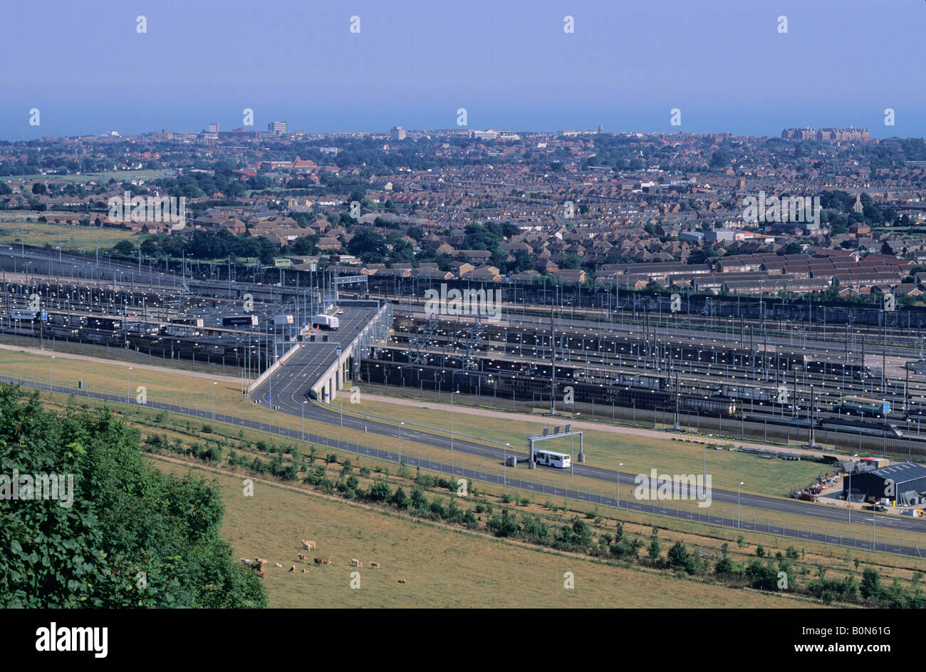 Channel Tunnel Rail terminal aerial view Folkestone Kent England UK ...