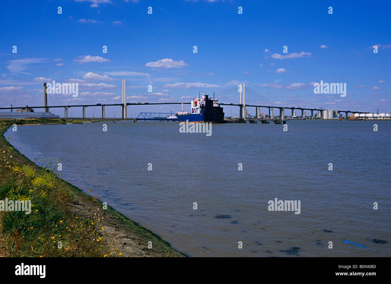 Queen Elizabeth II Bridge and container ship Dartford Kent England UK ...
