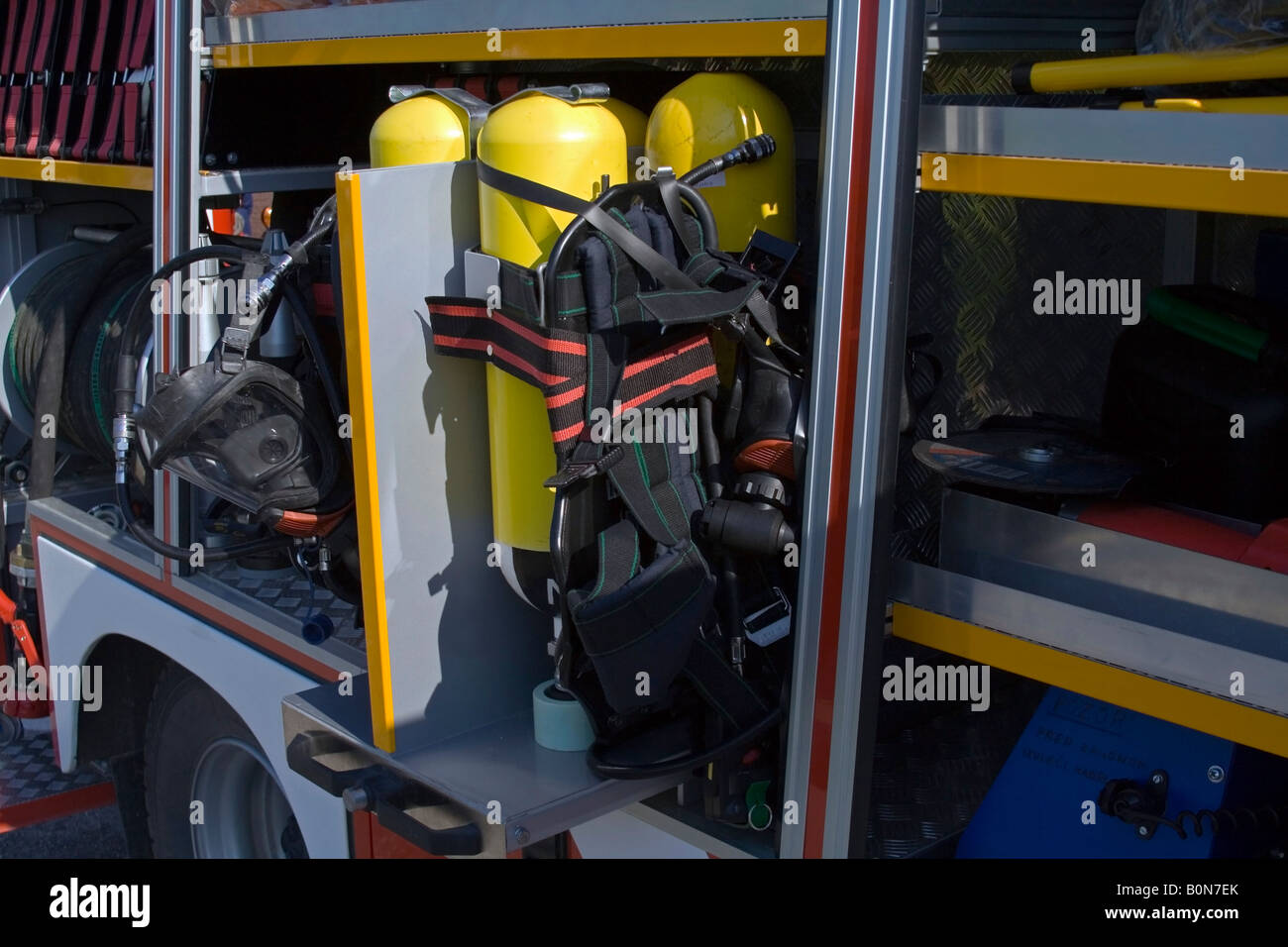 Equipment in the firetruck. Hoses and gages Stock Photo - Alamy