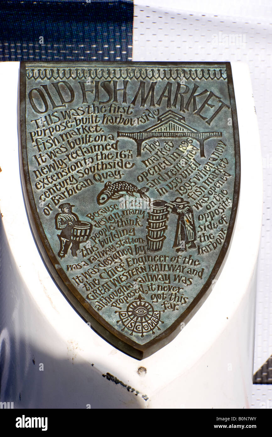 Decorative sign describing the Old Fish Market Plymouth Devon England ...