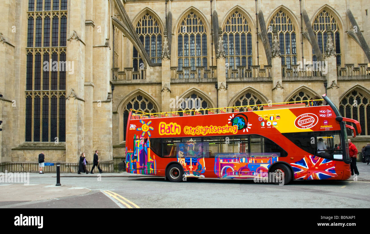 Bath BaNES England UK Tour bus waits outside Bath Abbey Stock Photo - Alamy