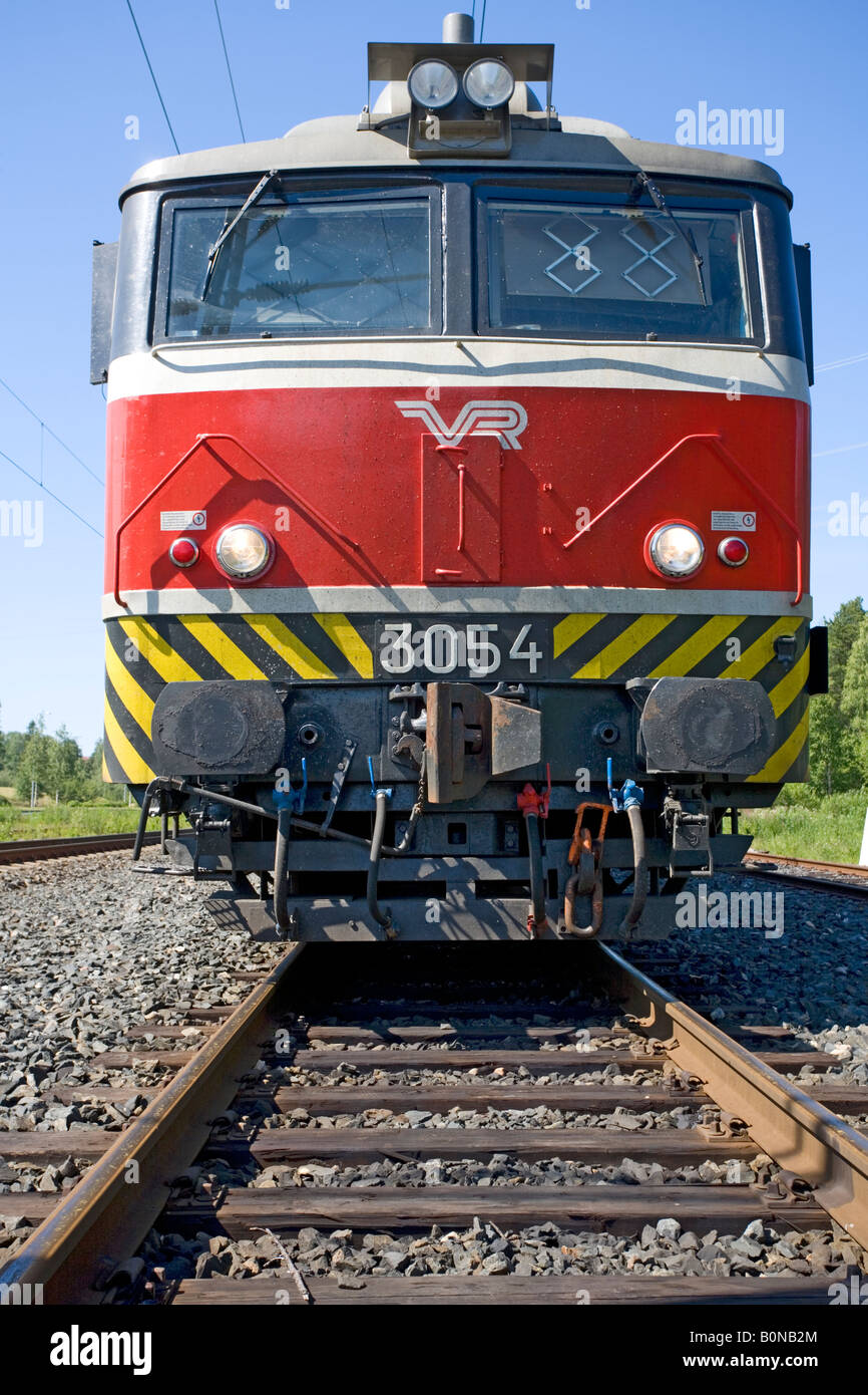 Electric locomotive and wooden sleepers on rails , Finland Stock Photo ...
