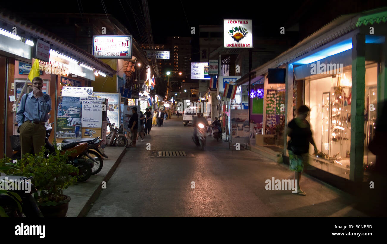 Night time street scene near the waterfront in Hua Hin in Thailand ...