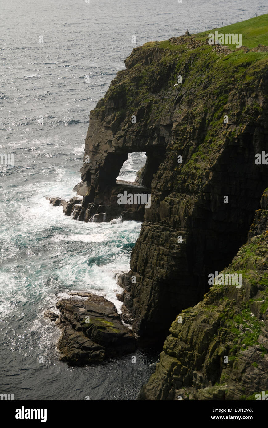 A rock arch in sea cliffs near the Noup, on the Isle of Noss, Shetland ...
