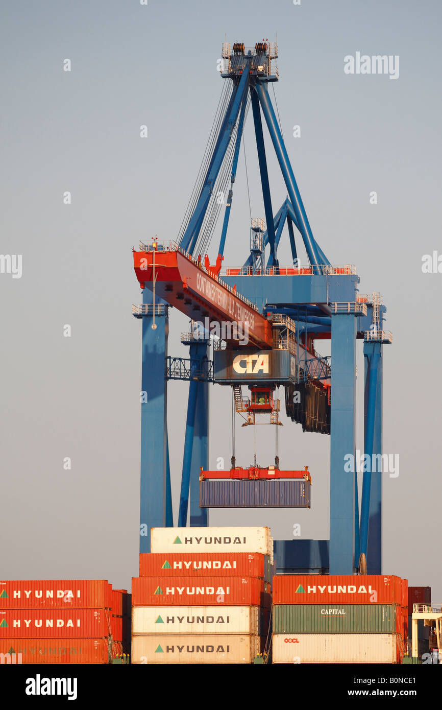 Quayside crane at container terminal Altenwerder, seaport Hamburg ...