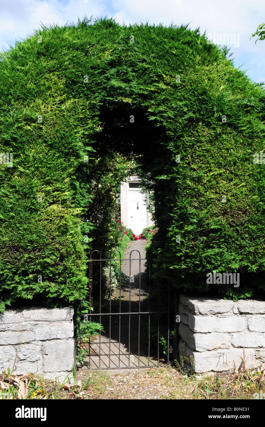 Hedge arch with cottage door behind at end of path Stock Photo - Alamy