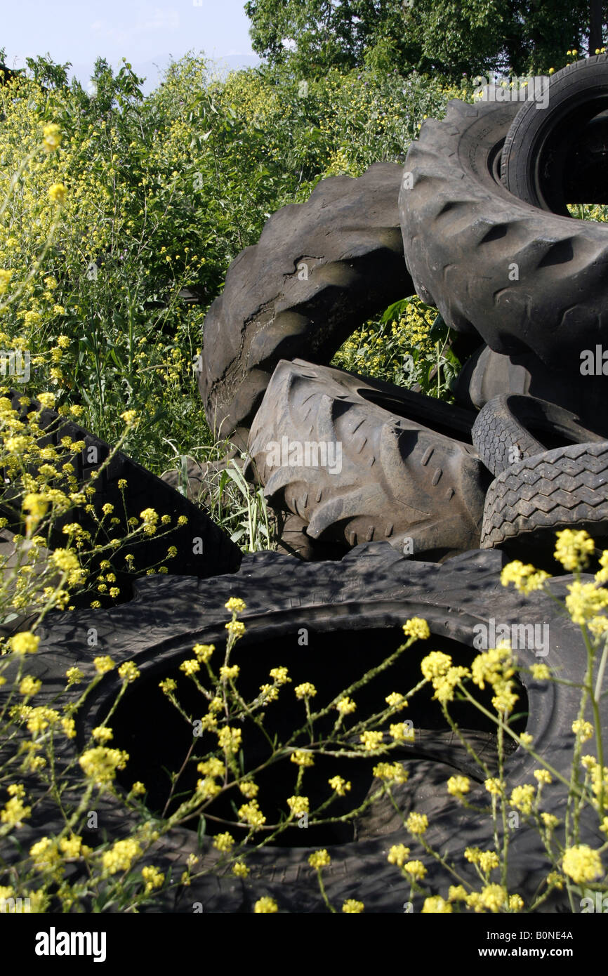 old tractor tyres left in field in countryside Stock Photo - Alamy