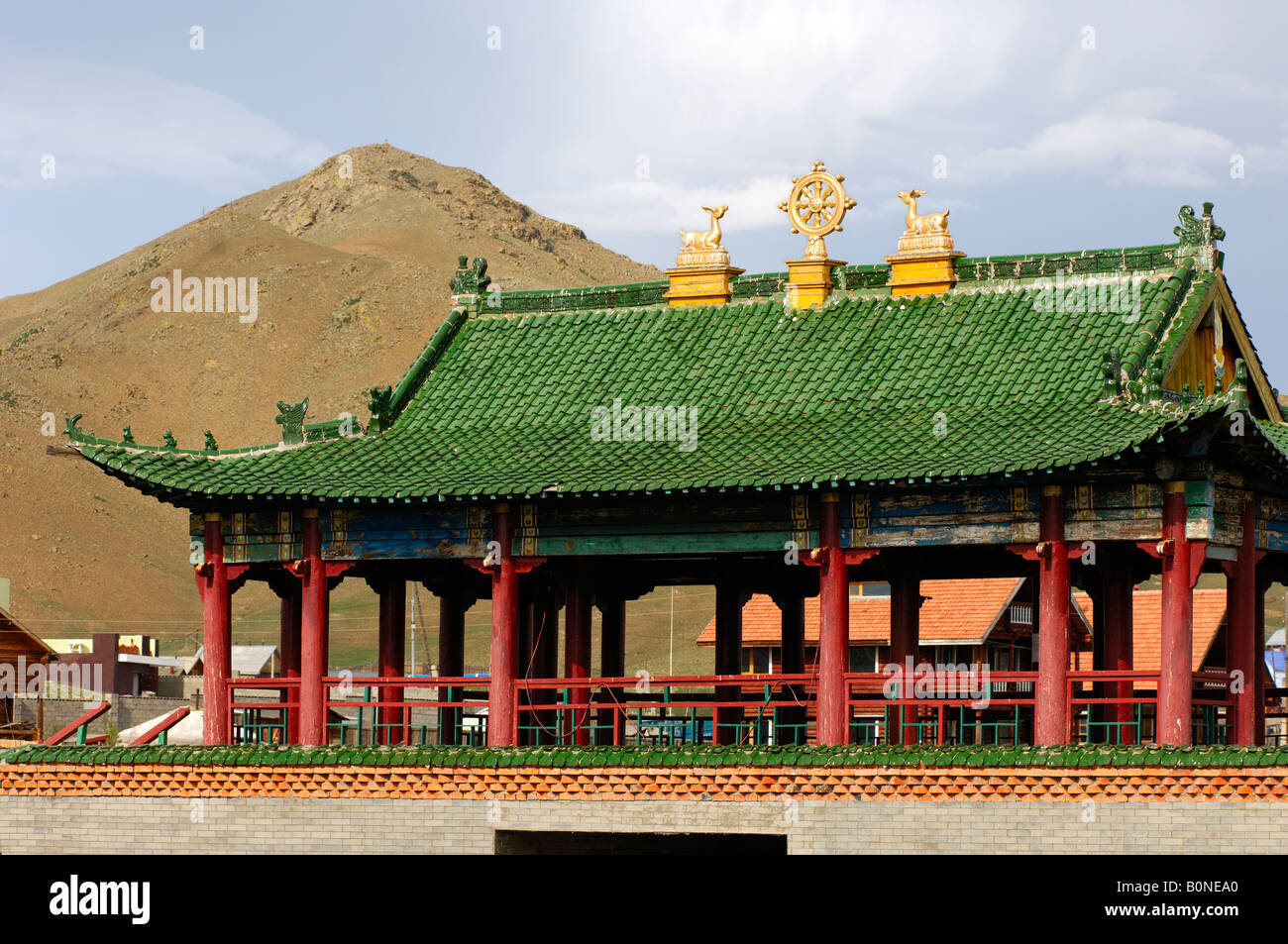 Roof shaped in the style of a traditional Tibetan Buddhist temple ...