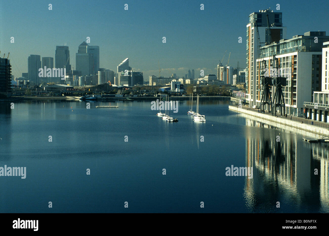View of Canary Wharf from the Royal Victoria Dock, Docklands, London ...