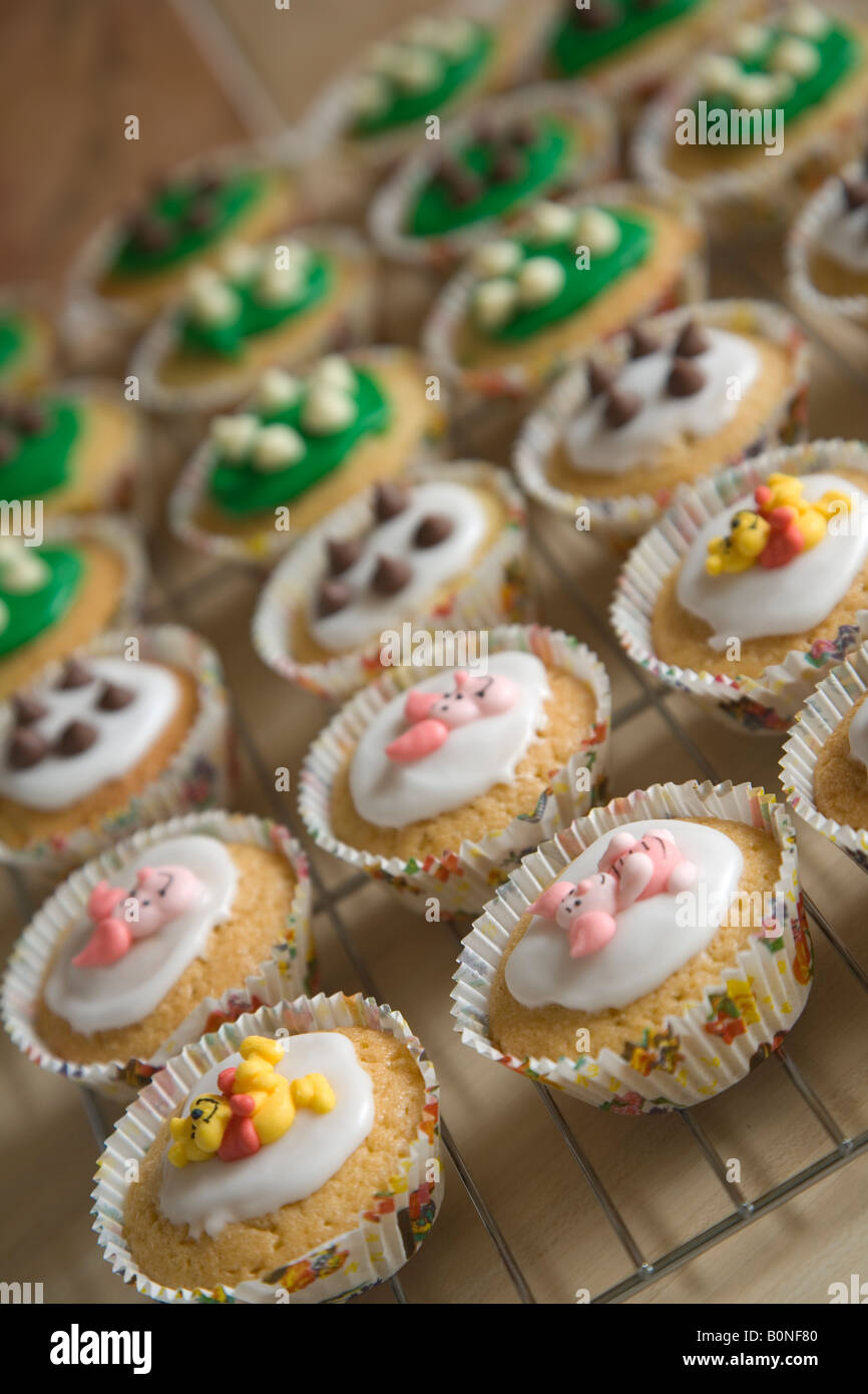 Colourful iced cupcakes on a wire rack on a kitchen worktop Stock Photo ...