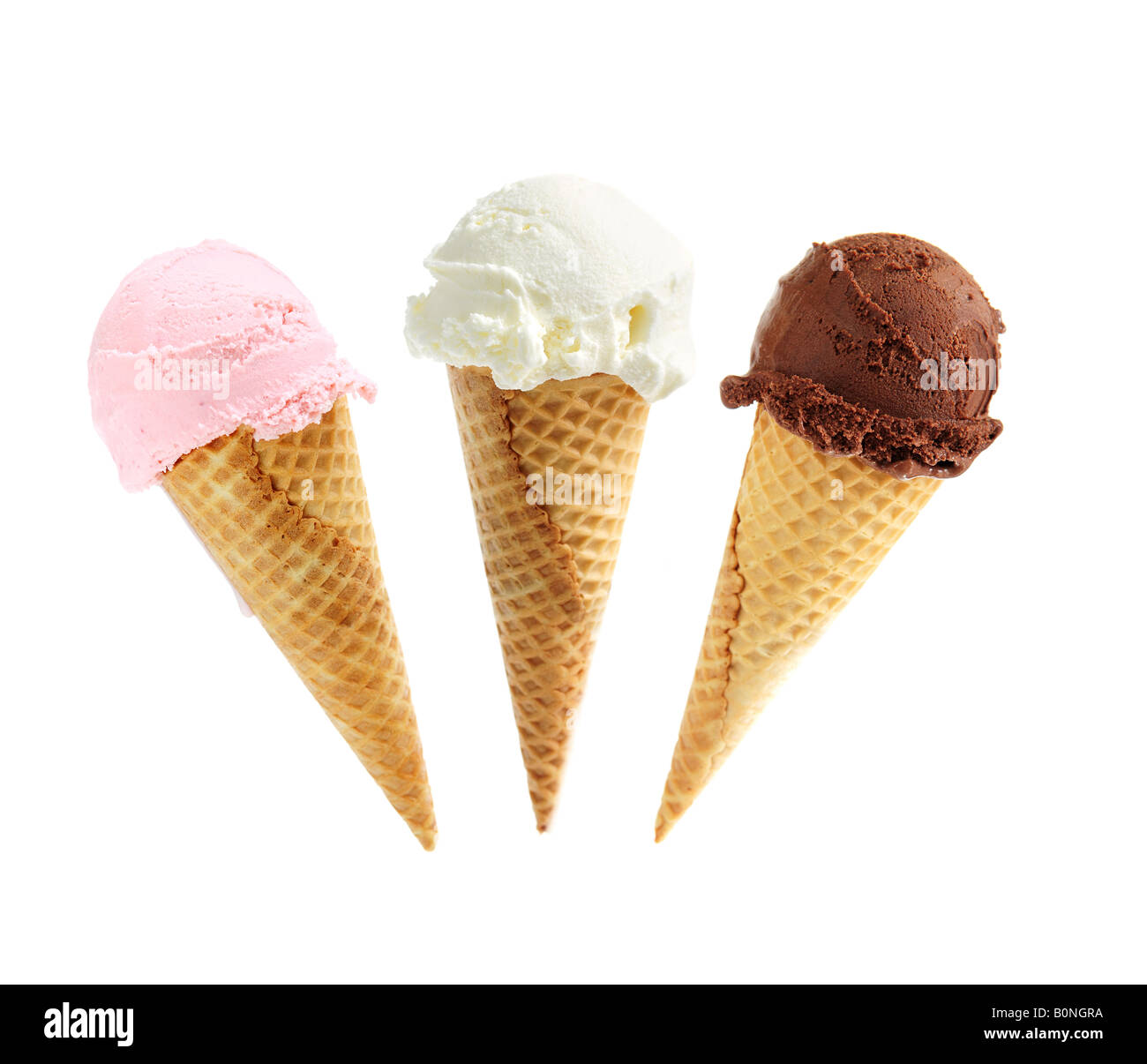 Assorted ice cream in sugar cones isolated on white background Stock ...