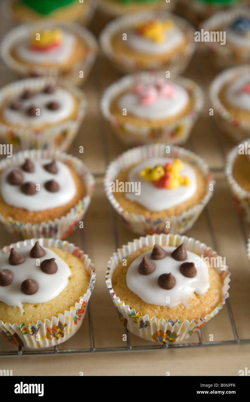 Colourful iced cupcakes on a wire rack on a kitchen worktop Stock Photo ...