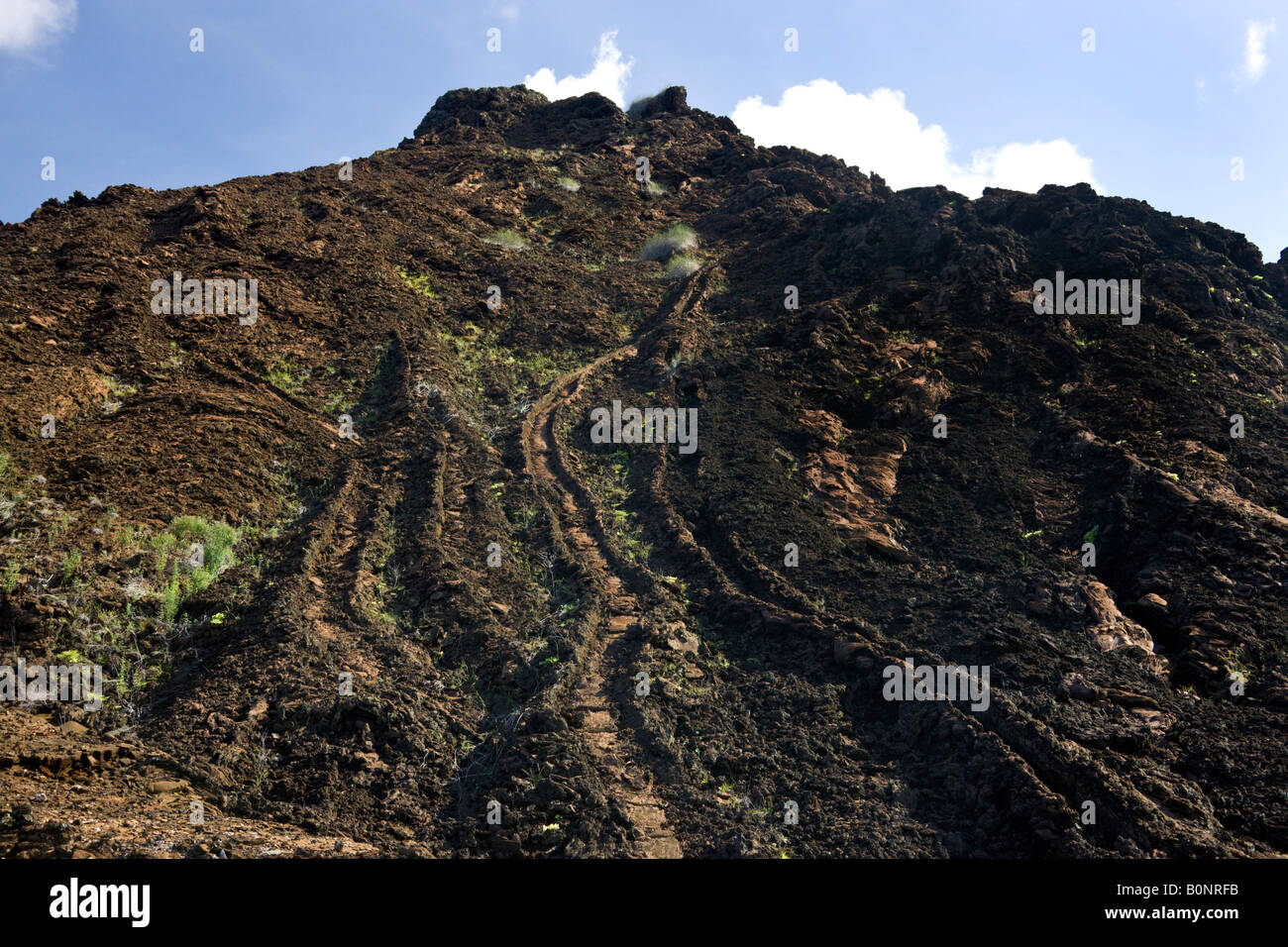 Lava tracks on the side of volcano on the island of Bartolome in the ...