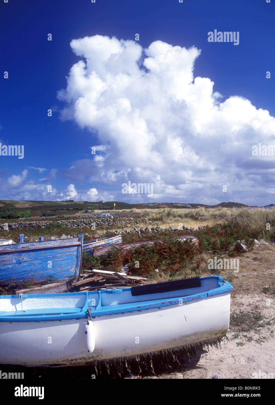 Isles of Scilly - Boats on the beach at Lower Town on St Martins Stock ...