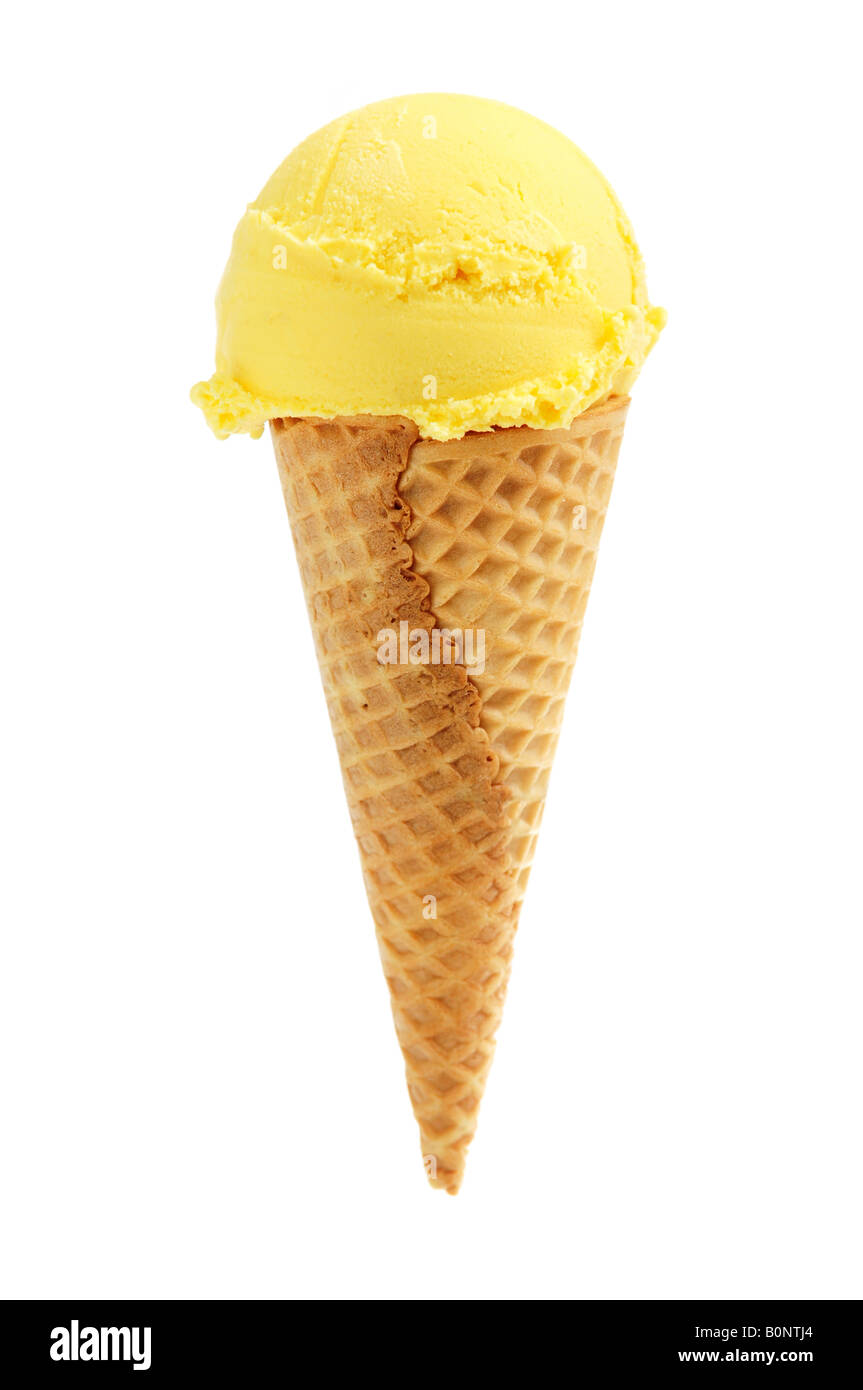 Mango or banana ice cream in a sugar cone isolated on white background ...