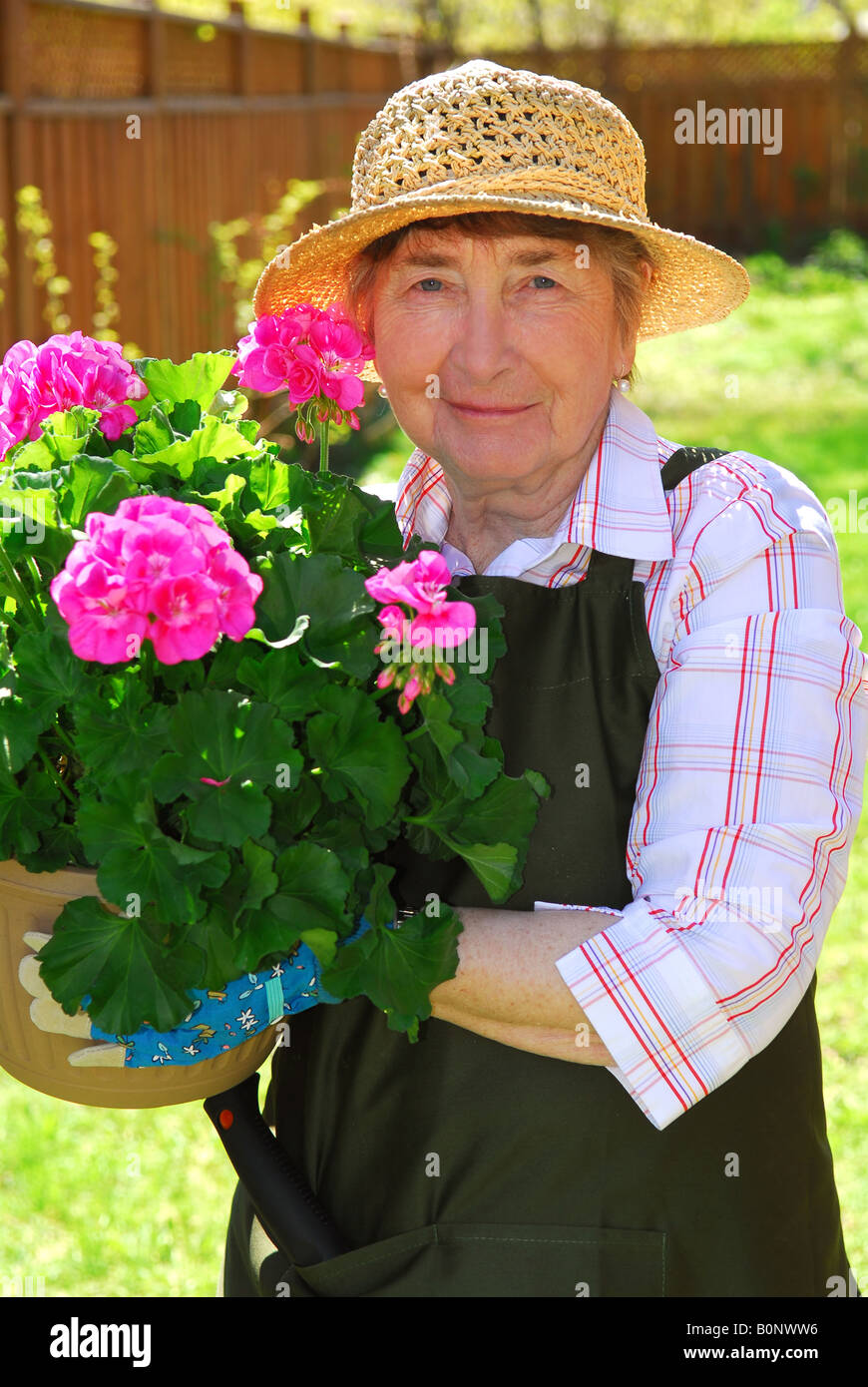 Senior woman holding a pot with flowers in her garden Stock Photo - Alamy