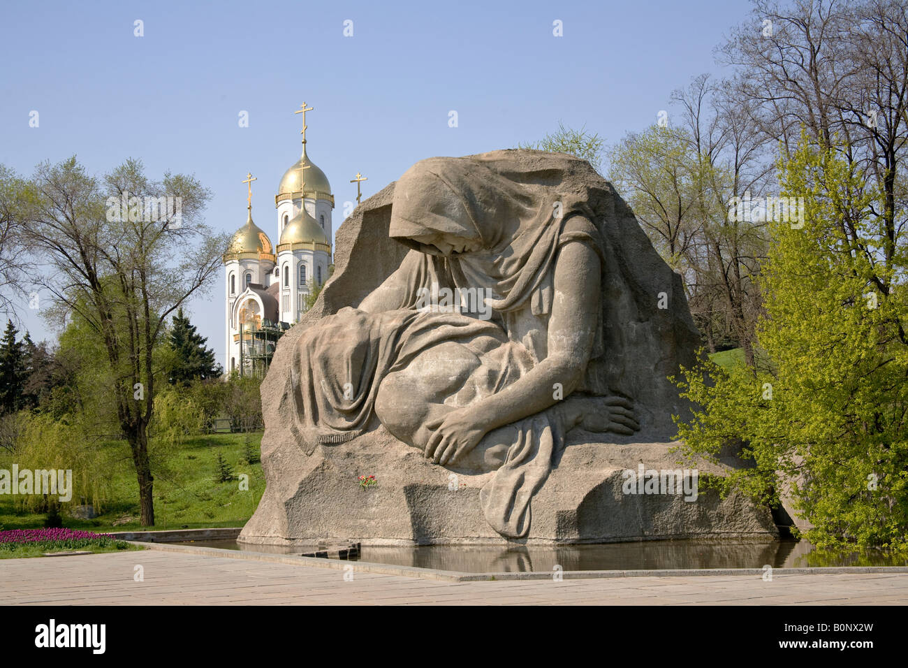 Weeping mother and child statue and church on Mamaev Kurgan, Volgograd ...