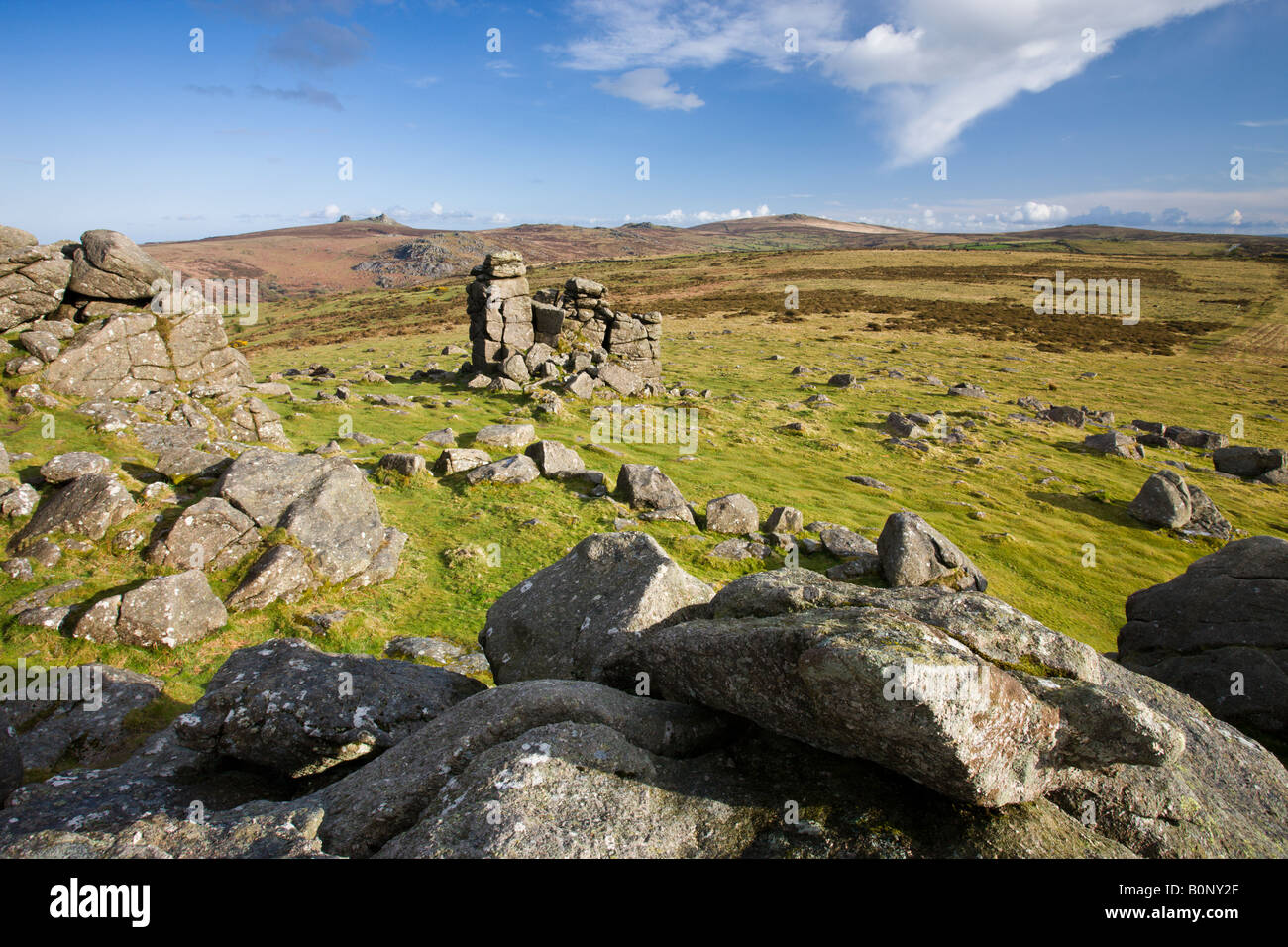 Granite outcrops at Houndtor looking towards Haytor on the horizon ...