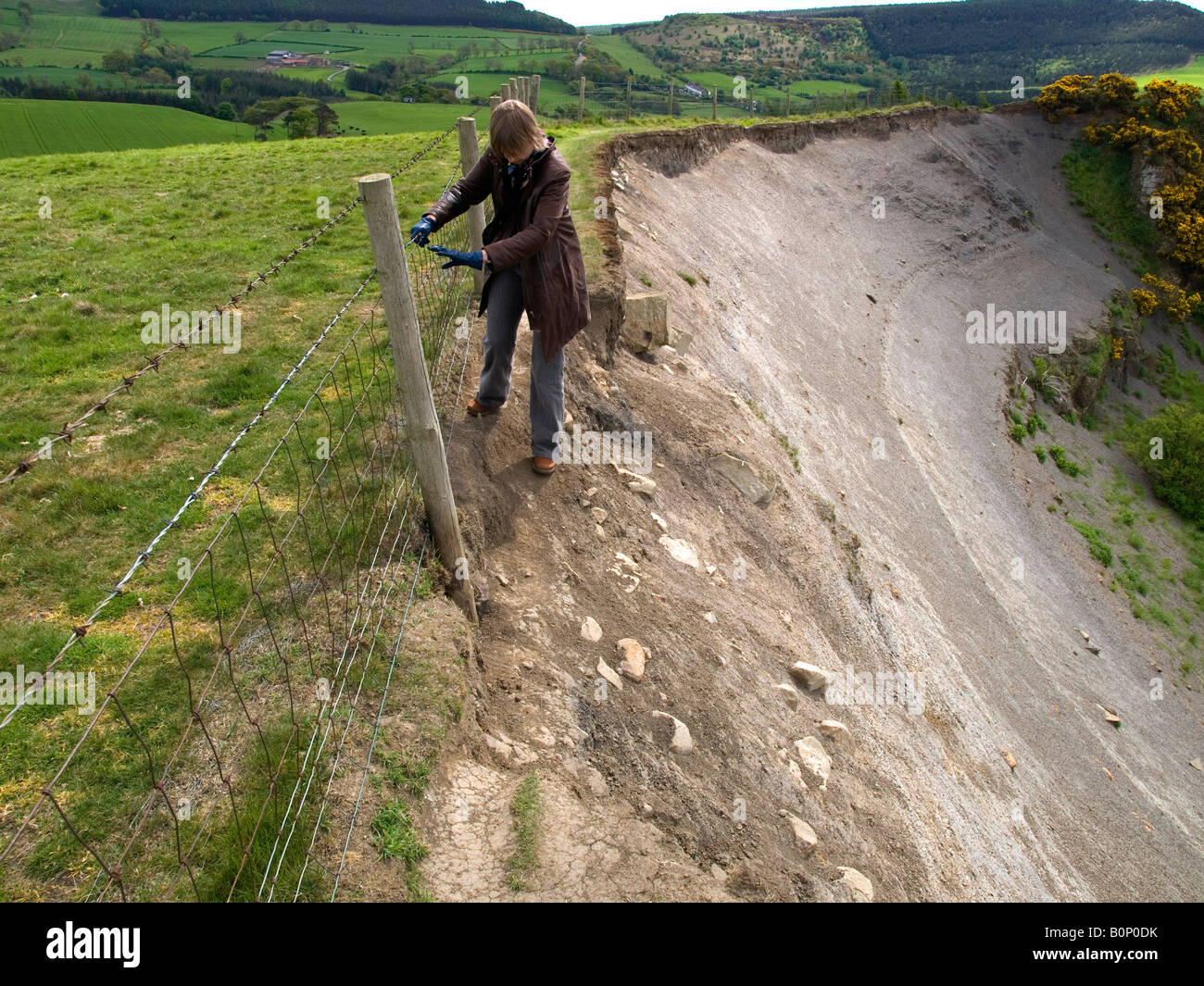 Woman negotiating a difficult country footpath undermined by a landslip ...