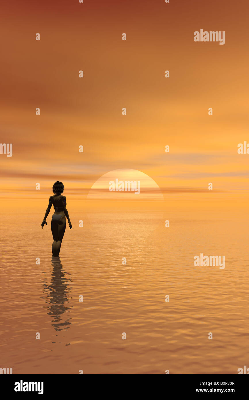 Woman wading in the water at sunset Stock Photo - Alamy