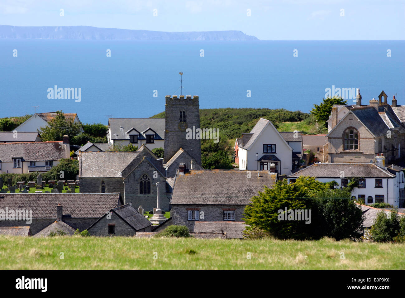 The village of Mortehoe near Woolacombe in Devon UK with Lundy island ...