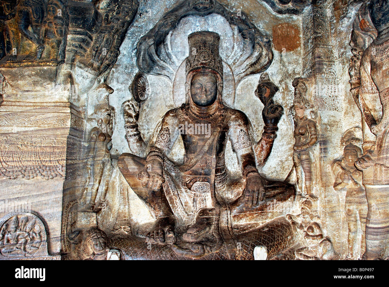 Cave 3 :Statue of Lord Vishnu on naga (snake ), Badami caves, Hampi ...