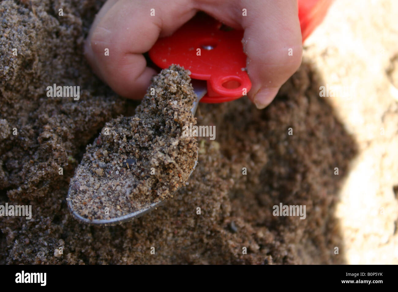 close up of two year old hand digging into wet sand with tool, spoon ...