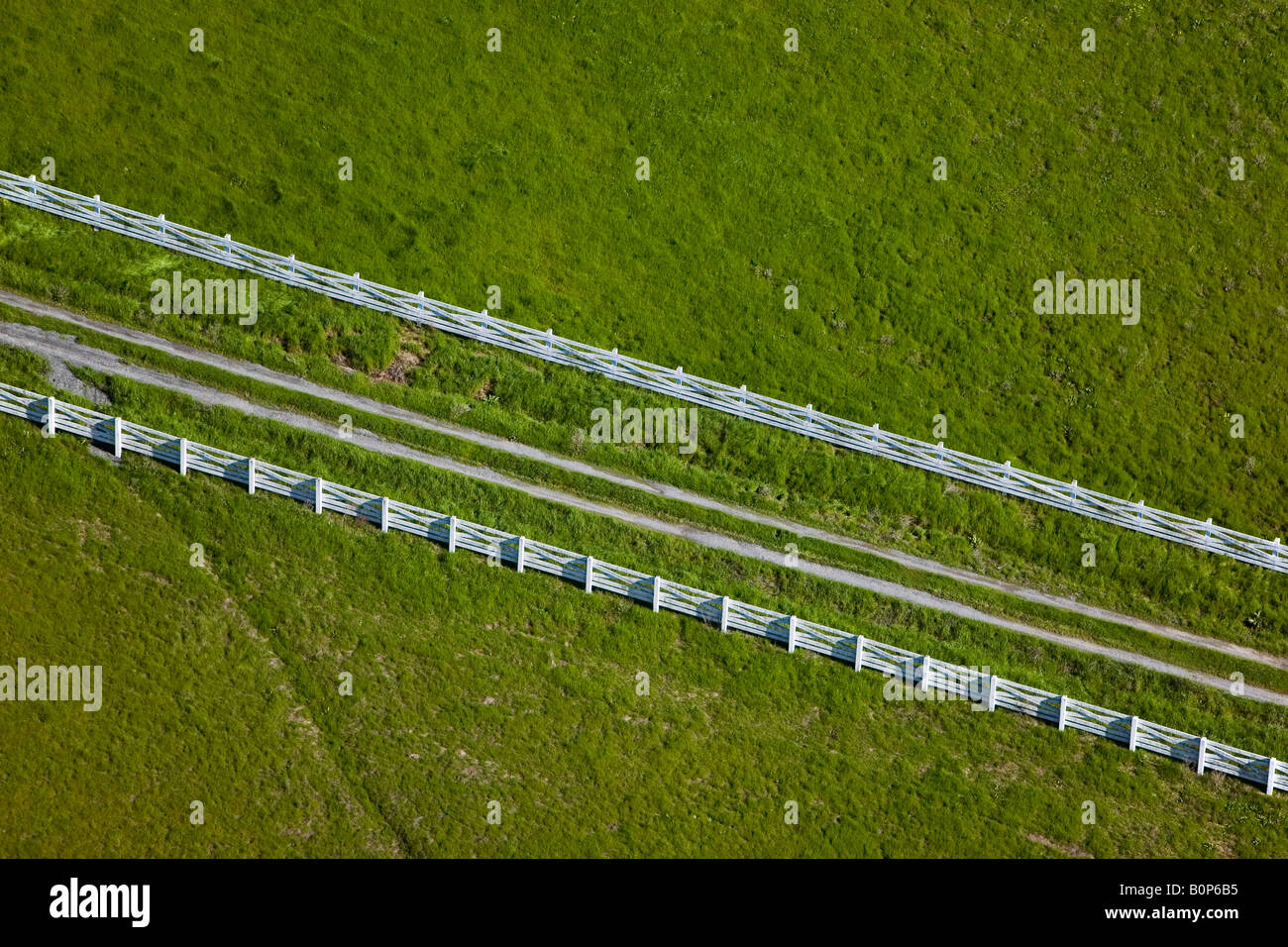 aerial above white picket fence Sonoma county, California in spring ...