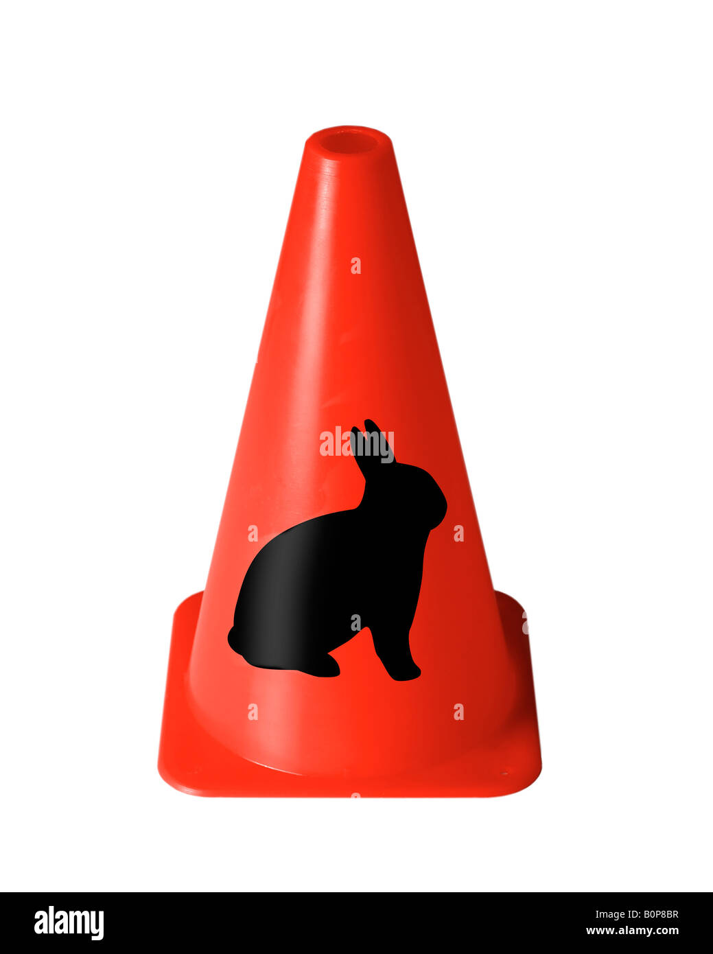 bright red safety cone with rabbit sign printed on against white cutout ...