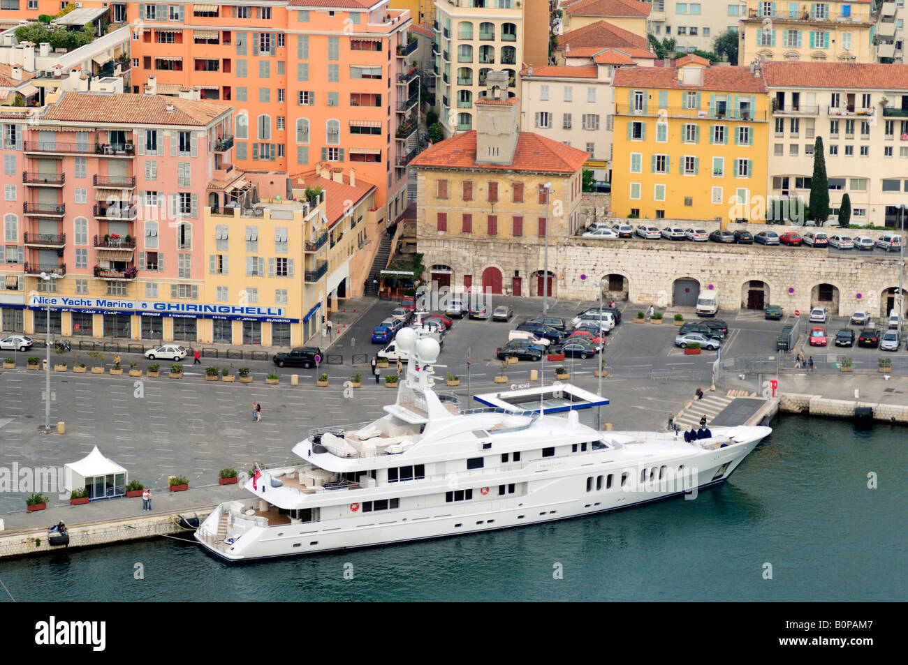 Big anchored yacht in the Nice marina harbor Stock Photo - Alamy