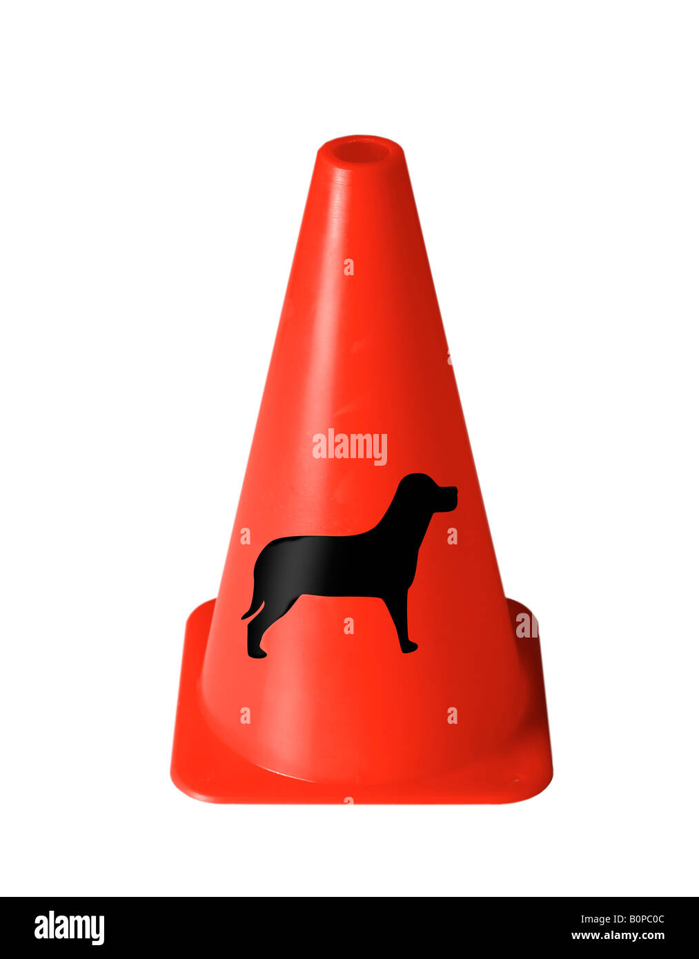 bright red safety cone with dog sign printed on against white cutout ...