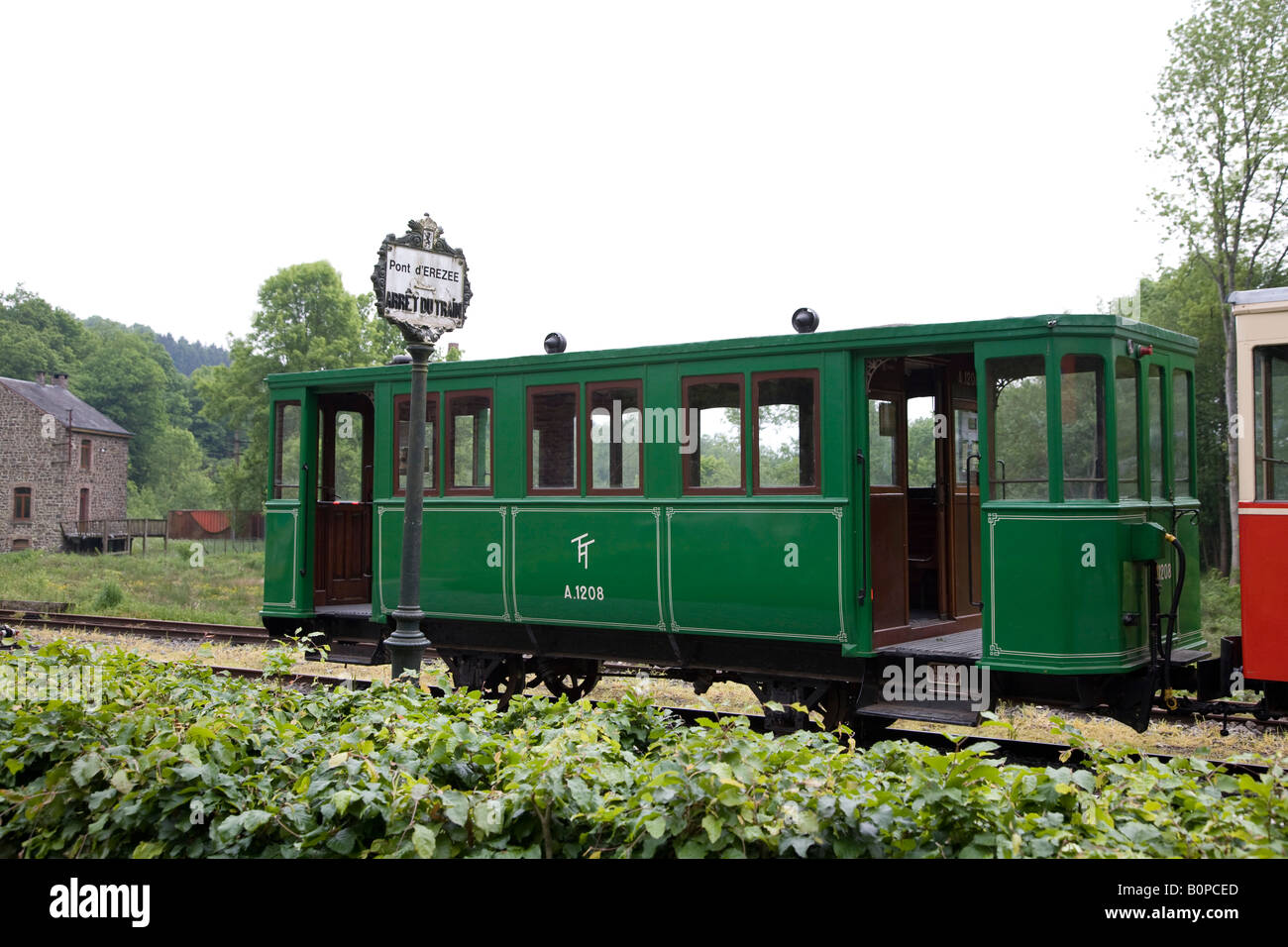 Green carriage at the tram museum at Aisne in the Ardennes region of ...