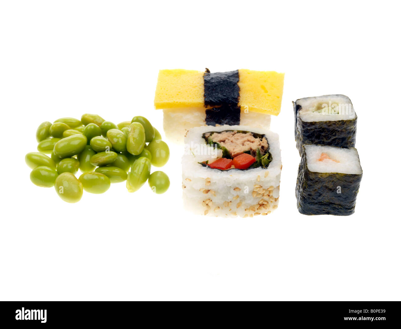 Selection Of Fresh Japanese Style Assorted Sushi With Healthy Edamame ...